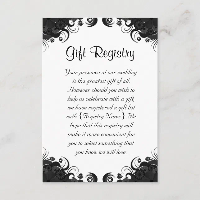 Floral Black and White Wedding Gift Registry Enclosure Card | Zazzle