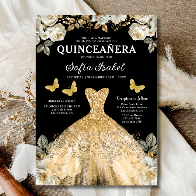 Floral Gold Bilingual Spanish Quinceanera Invitation | Zazzle