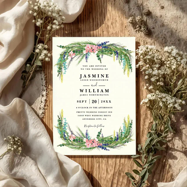 Floral Pine Rustic Country Elegant QR Code Wedding Invitation | Zazzle