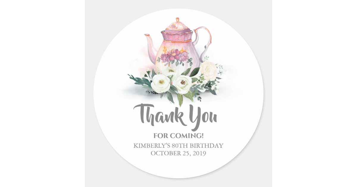 Floral Teapot Birthday Party Thank You Classic Round Sticker | Zazzle