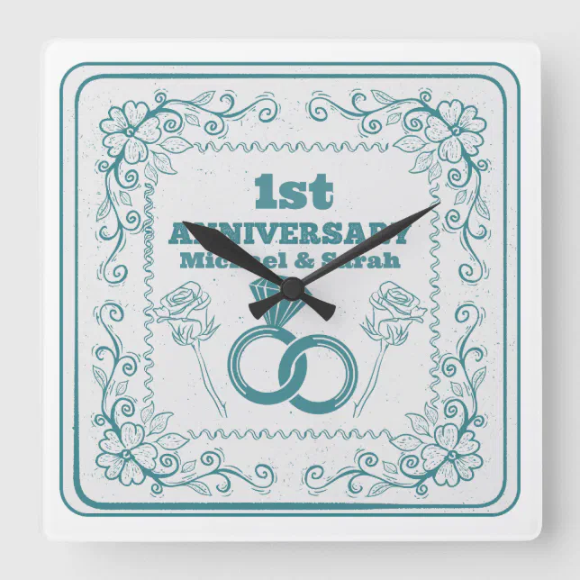 Floral wedding Anniversary Customisable year Square Wall Clock | Zazzle