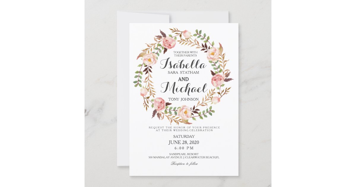 Floral Wreath Rustic Wedding Invitation | Zazzle