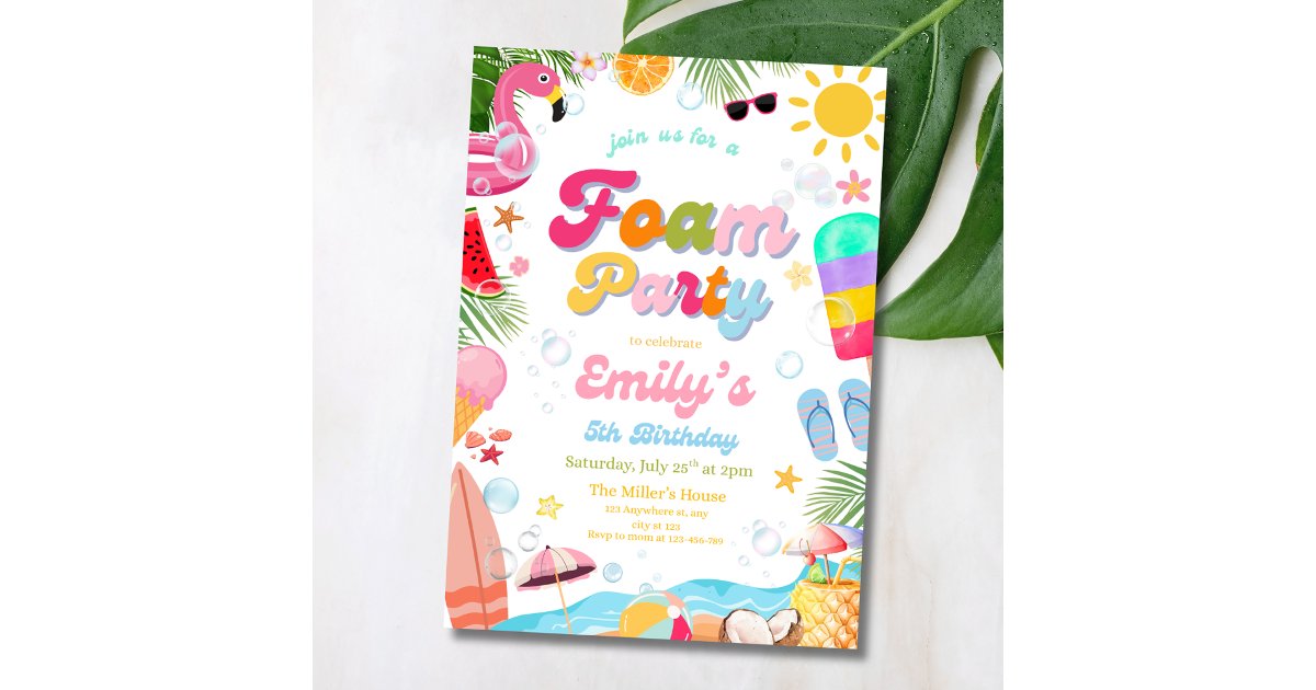 Foam Birthday Party invite, Summer Beach Party Invitation | Zazzle