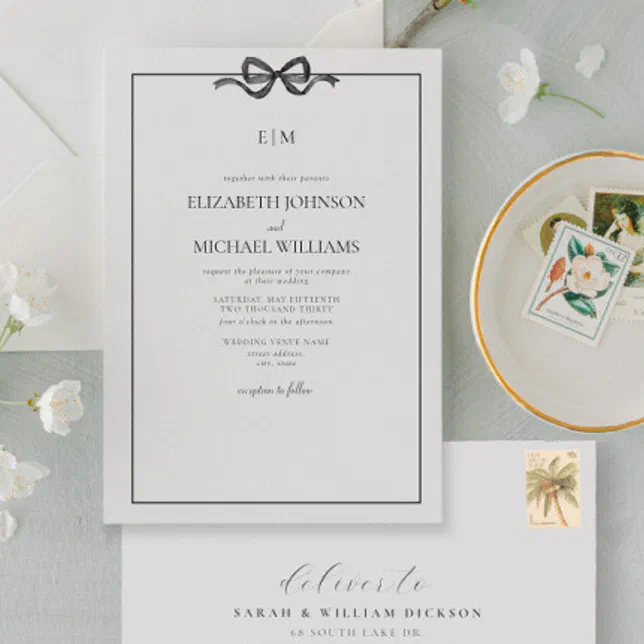 Formal QR Code Black & White Bow Monogram Invitation | Zazzle