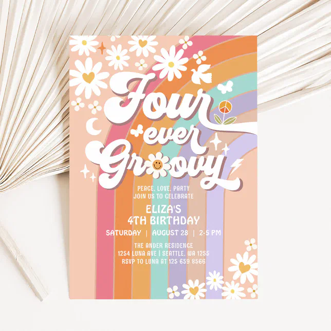 Four Ever Groovy Daisy Rainbow Groovy 4th Birthday Invitation | Zazzle