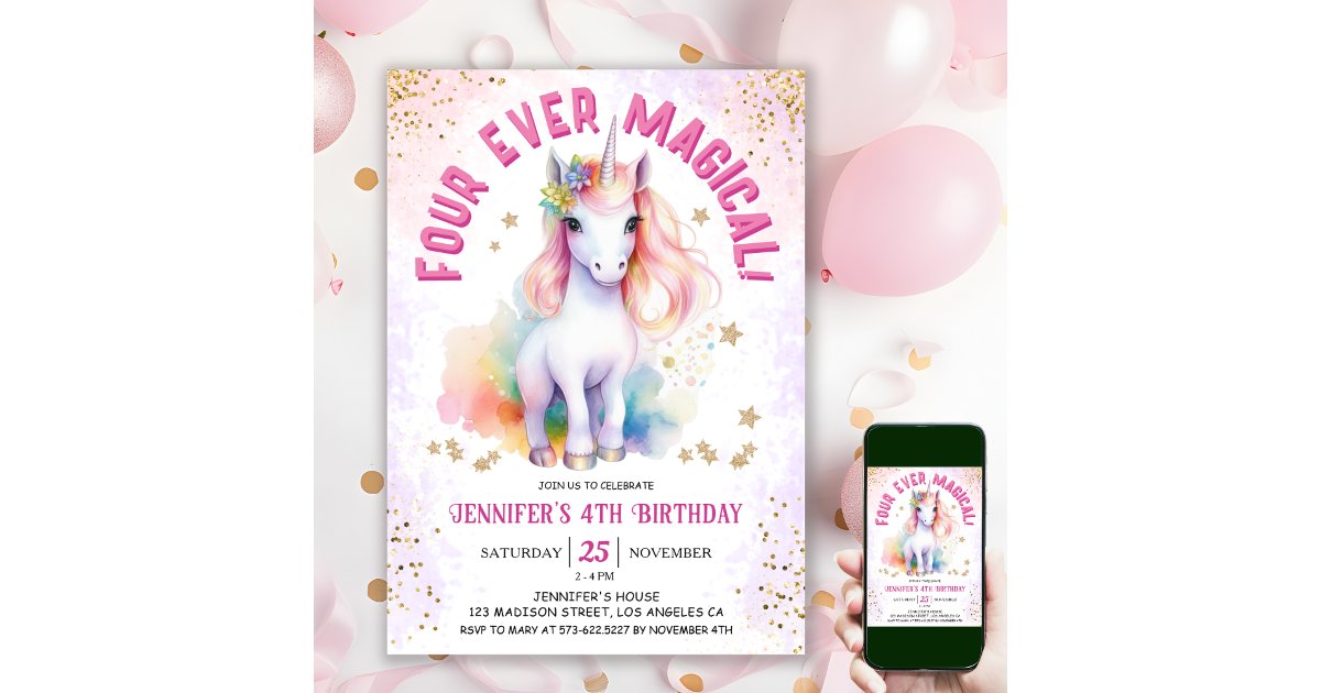Four Ever Magical | Unicorn 4th Birthday Party Invitation | Zazzle