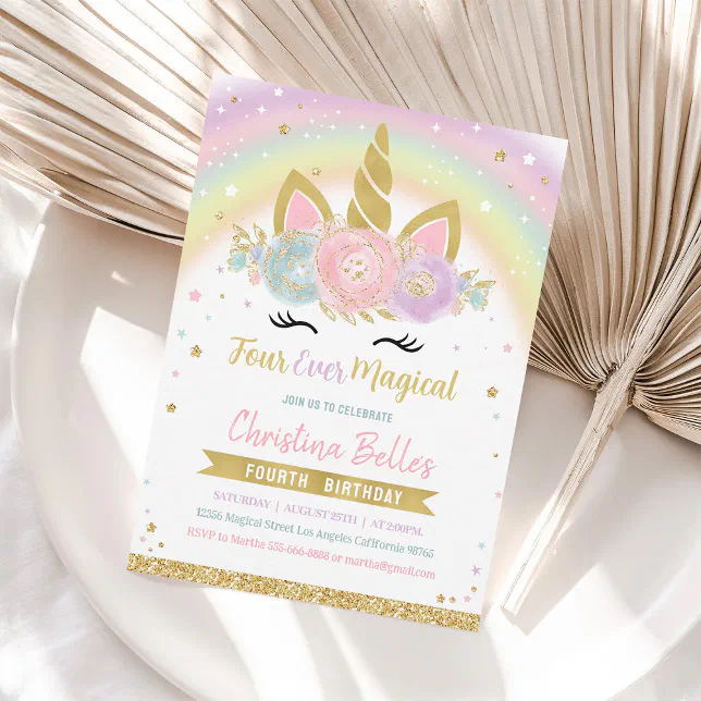 Four Ever Magical Unicorn Birthday Invitation | Zazzle