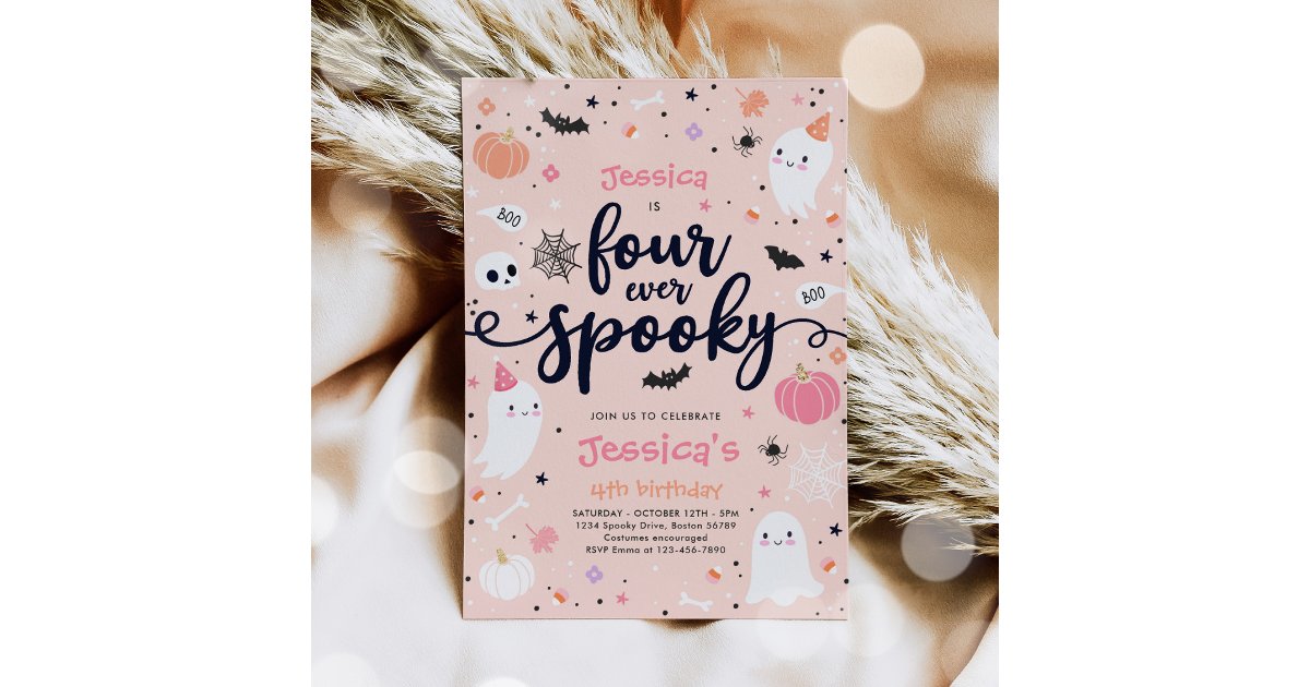 Four Ever Spooky Cute Halloween Ghost 4th Birthday Invitation | Zazzle