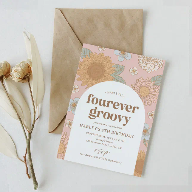 Fourever Groovy Retro Floral 4th Birthday Invitation | Zazzle