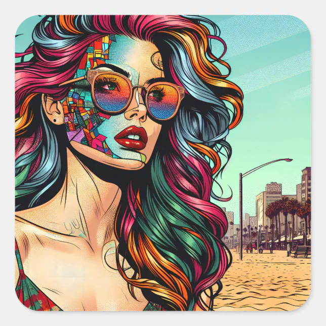 Fractured Art | Abstract Woman at Beach Square Sticker | Zazzle