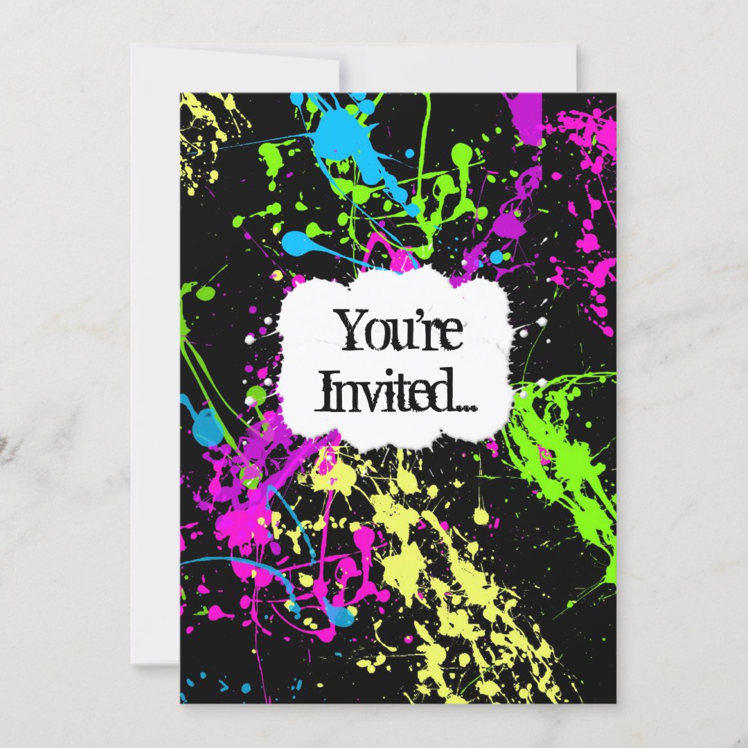 Fresh Retro Neon Paint Splatter Party Invitation | Zazzle