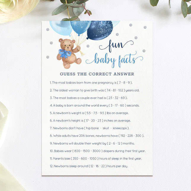 Fun Baby Facts Game Baby Shower Teddy Bear Card | Zazzle