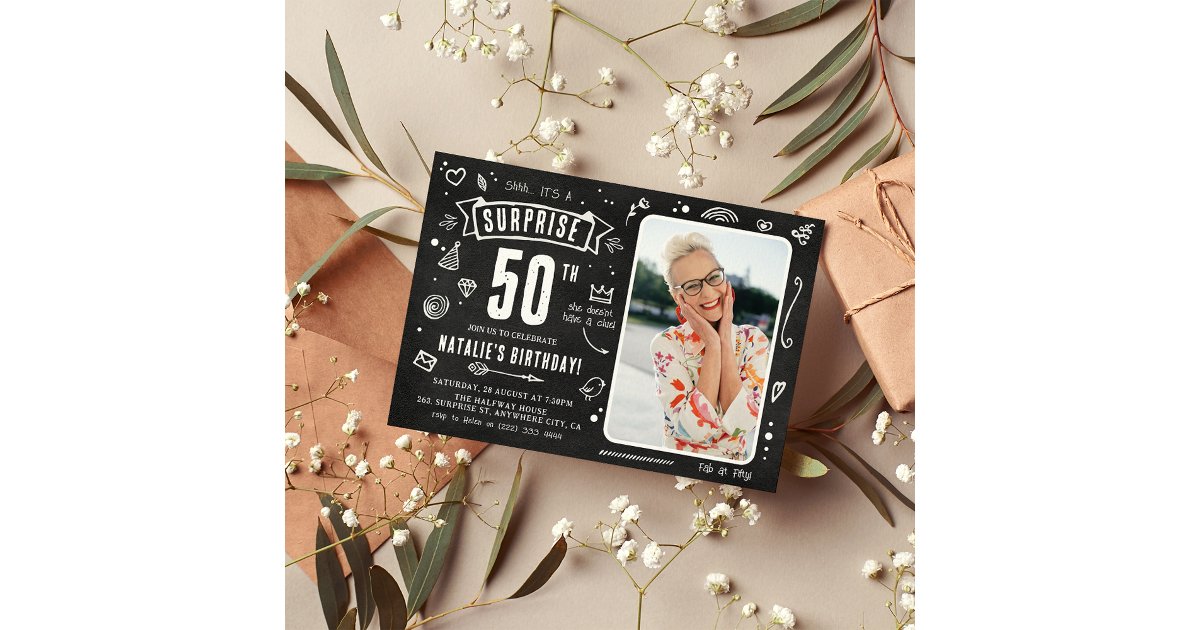 Fun Chalkboard Doodle Photo Surprise 50th Birthday Invitation | Zazzle