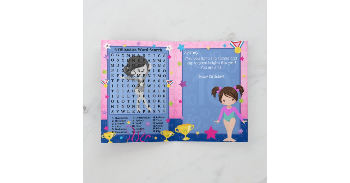 Fun Girls Gymnastics Word Search Happy Birthday Card | Zazzle
