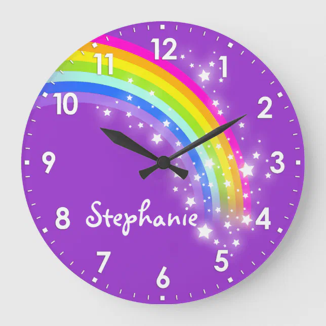 Fun kids girls rainbow name purple wall clock | Zazzle