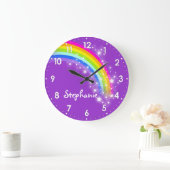 Fun kids girls rainbow name purple wall clock | Zazzle