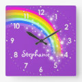 Fun kids girls rainbow name purple wall clock | Zazzle