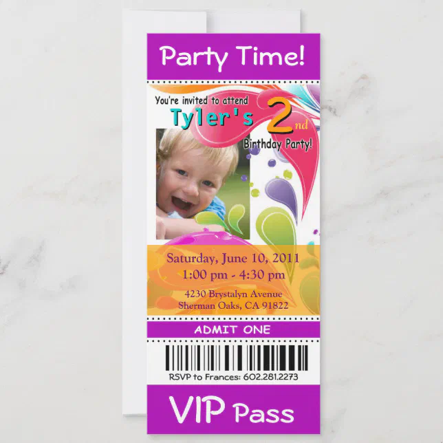 Fun Kids VIP Pass Event Ticket Photo Party purple Invitation | Zazzle