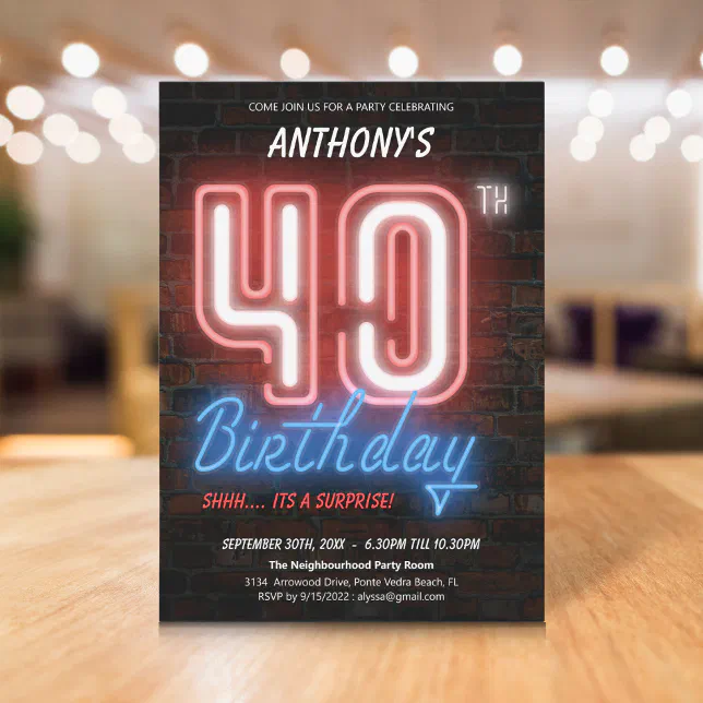 Fun Neon Retro Surprise 40th Birthday Party Invitation | Zazzle