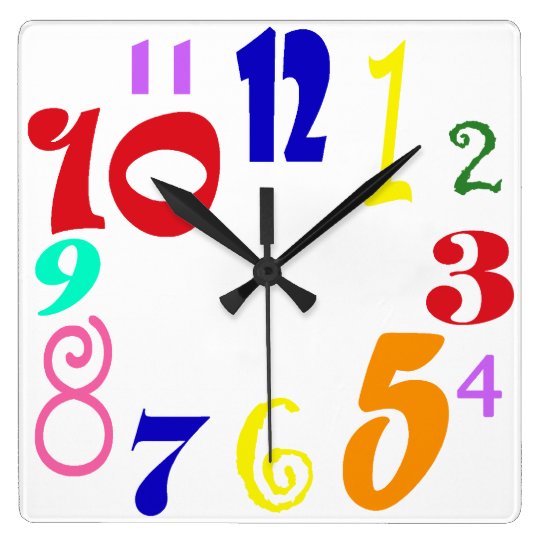 Fun numbers - multicoloured funky numbers on white square wall clock ...