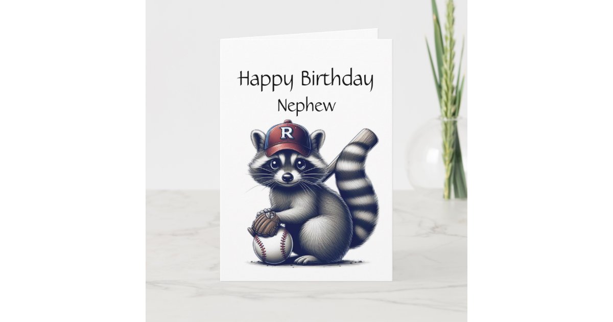 Fun Racoon Nephew Baseball Birthday Animal Card | Zazzle