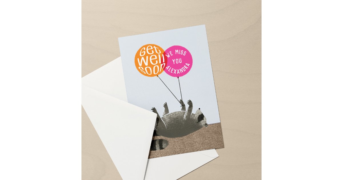 Funny Get Well Soon Racoon Balloons Card | Zazzle
