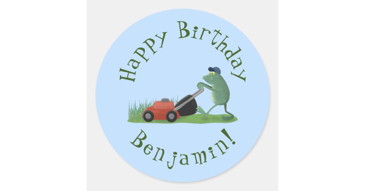 Funny green frog mowing lawn cartoon classic round sticker | Zazzle