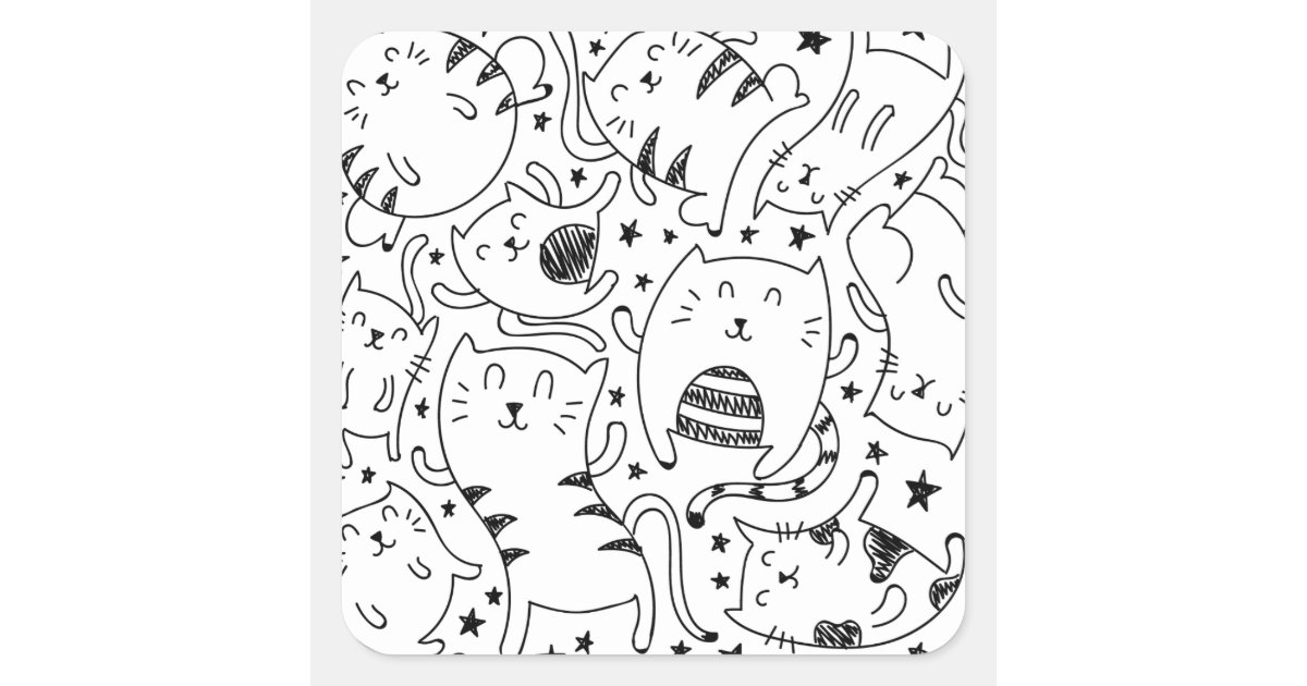 Funny sketchy dancing cats doodles pattern square sticker | Zazzle