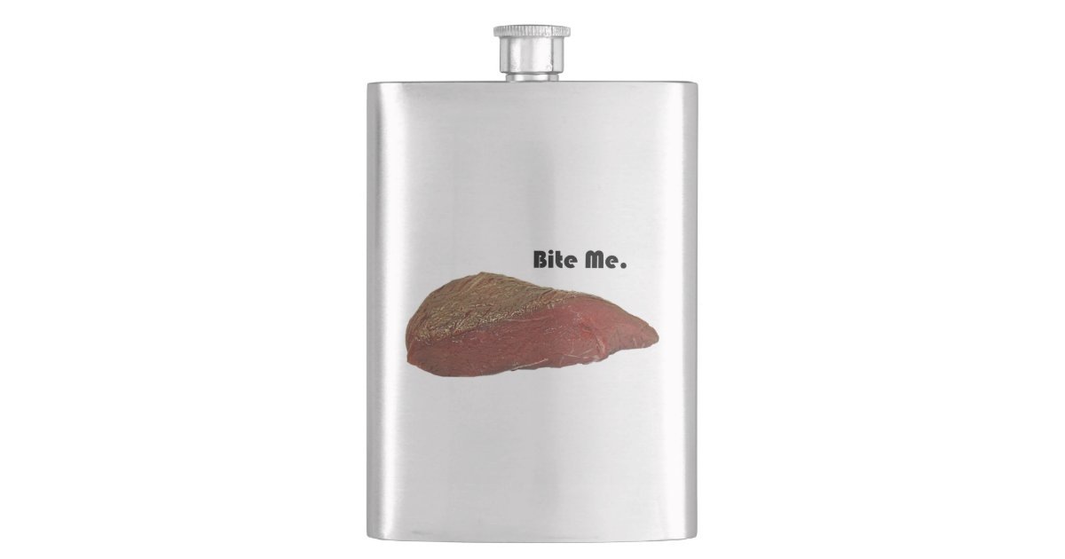 Funny Steak Cartoon, “Bite Me” Meat Pun Design Hip Flask | Zazzle