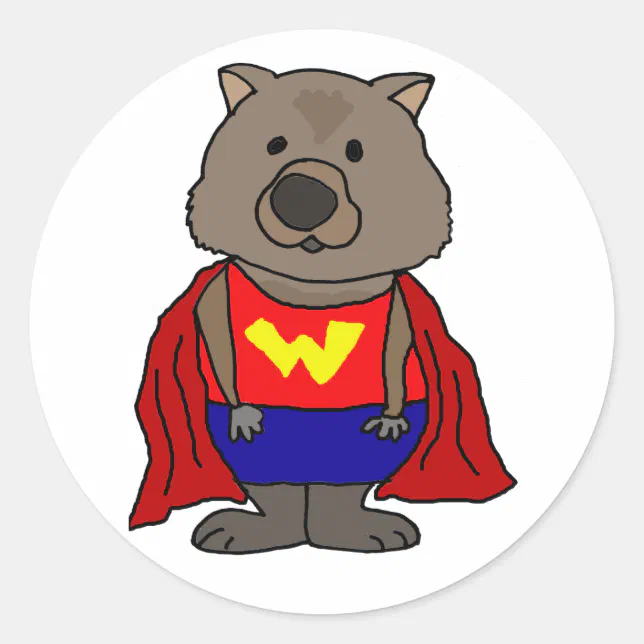 Funny Wombat Superhero Cartoon Classic Round Sticker | Zazzle