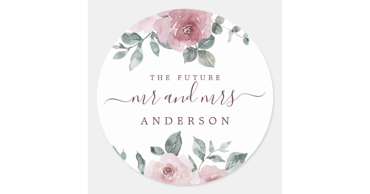 Future Mr Mrs Floral Dusty Pink Burgundy Classic Round Sticker | Zazzle