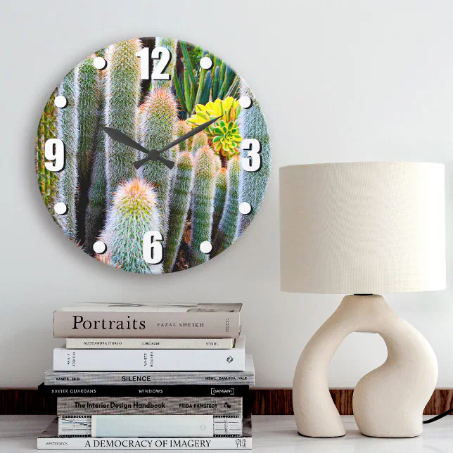 Fuzzy green cacti succulent photo modern bold large clock | Zazzle