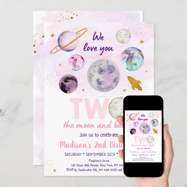Galaxy Two The Moon Pink Gold Outer Space Birthday Invitation Zazzle