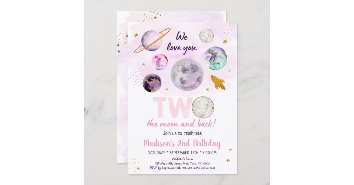 Galaxy Two The Moon Pink Gold Outer Space Birthday Invitation Zazzle