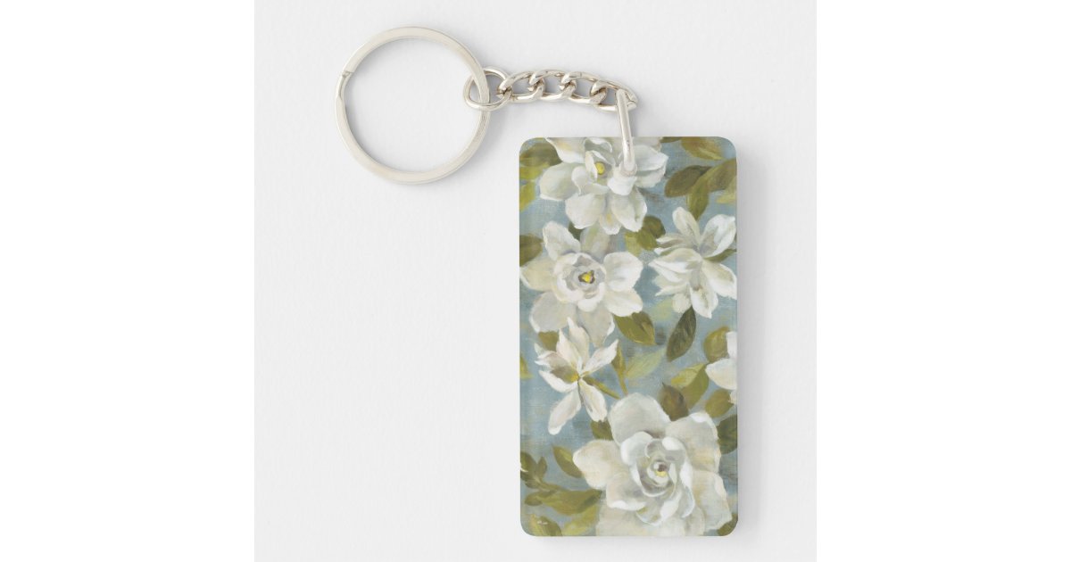 Gardenias on Slate Blue Key Ring | Zazzle