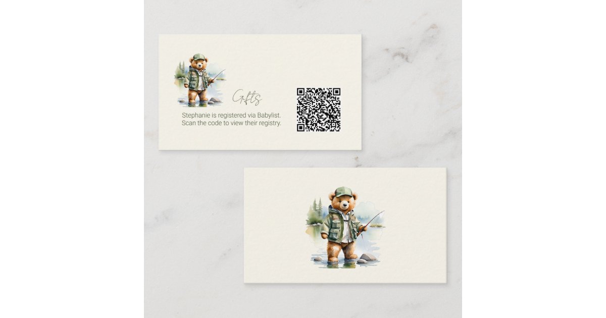 Gift Registry QR Code Cute Fishing Teddy Bear Enclosure Card | Zazzle