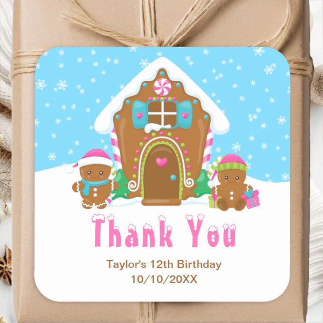 Gingerbread Birthday Party Blue Pink Thank You Square Sticker | Zazzle