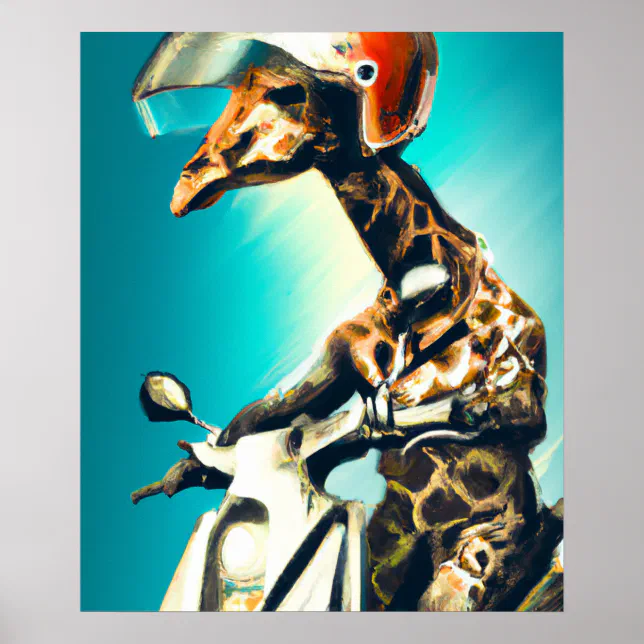 Giraffe Wearing Helmet on Motorcycle Modern AI Art Poster | Zazzle