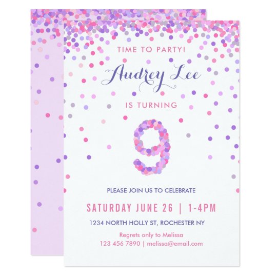 Girls 9th Birthday Ninth Birthday Confetti Party Invitation | Zazzle.com.au