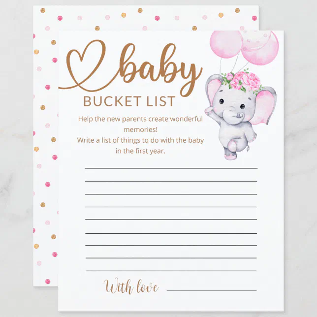 Girl's Elephant & Flower Baby Shower Bucket List | Zazzle