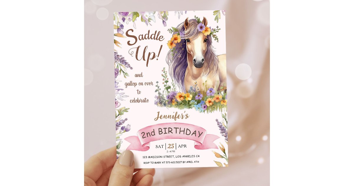 Girls Horse 2nd Birthday Purple Floral Saddle Up Invitation | Zazzle