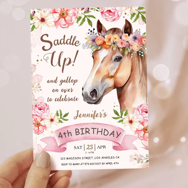 Girls Horse 4th Birthday Floral Saddle Up! Invitation | Zazzle
