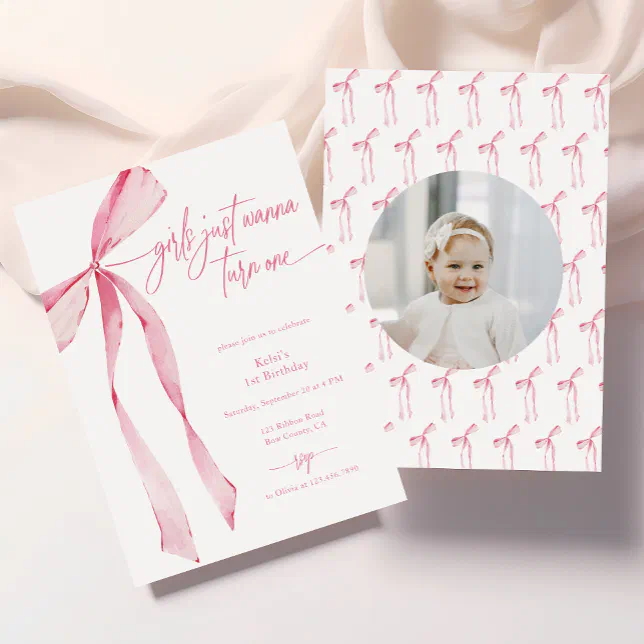 Girls Just Wanna Turn One Bow Photo 1st Birthday Invitation | Zazzle