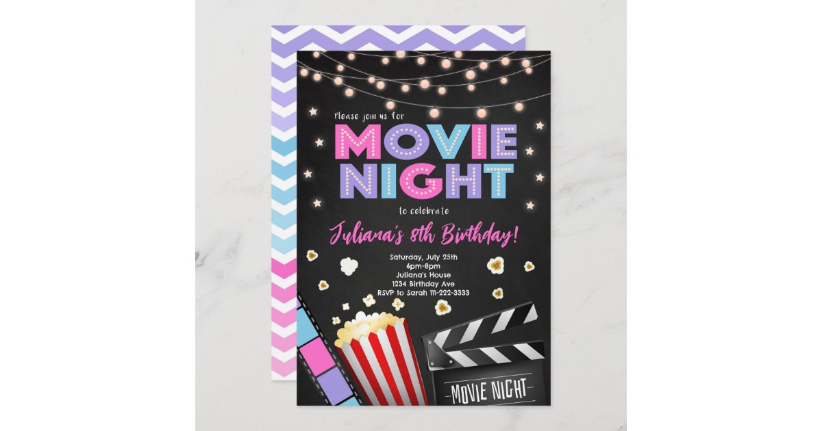 Girls Movie Night Birthday Party Invitation | Zazzle