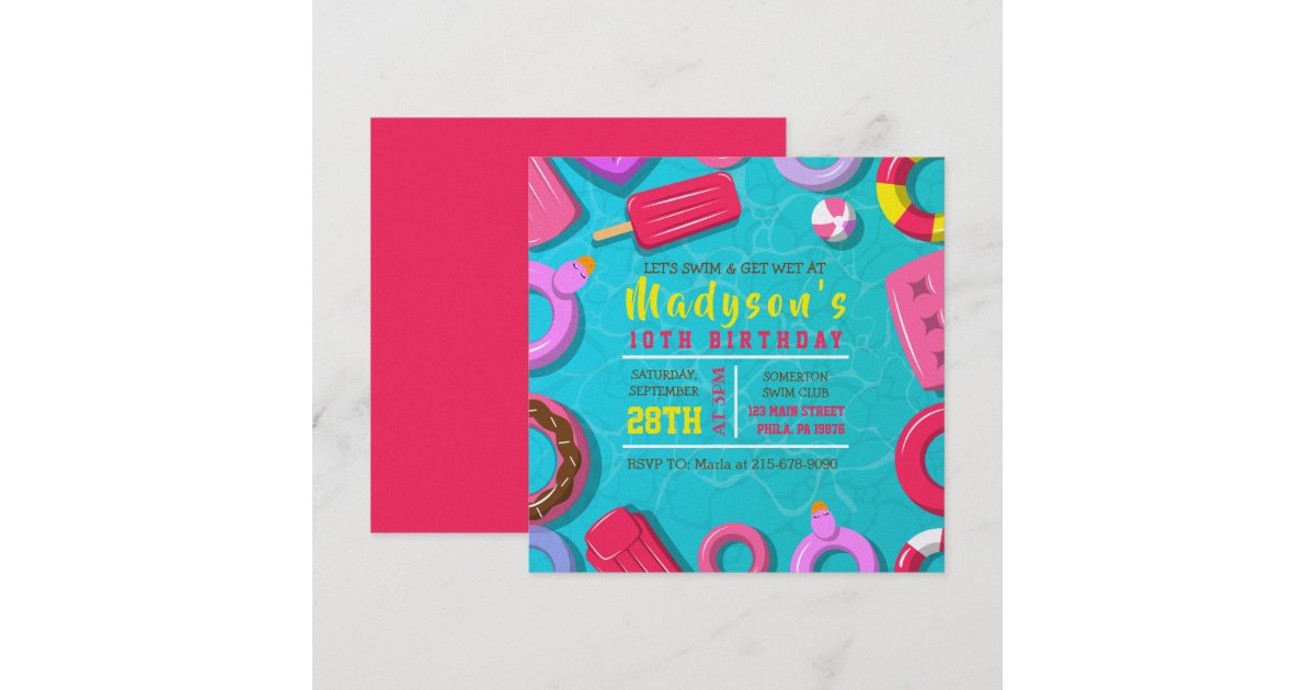 GIRLS POOL SWIM FLOATS Birthday Party Invitation | Zazzle