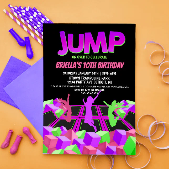 Girls Trampoline Park Party Invitation | Zazzle