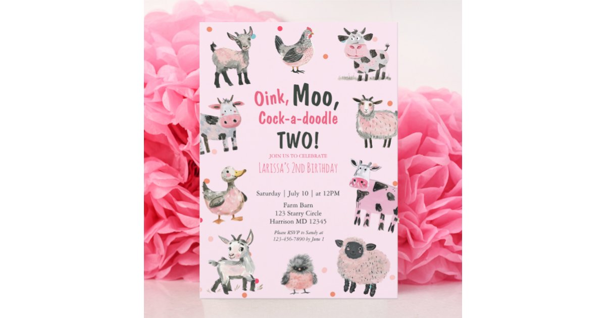 Girly Farm Animal Second Birthday Invitation | Zazzle