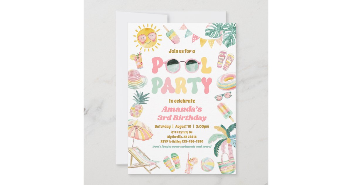 Girly Pool Party Birthday Invitation | Zazzle