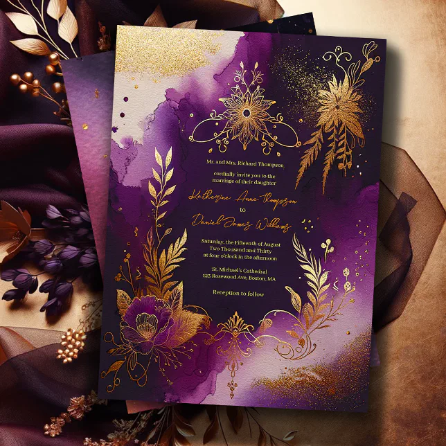 Glitter Watercolor Purple and Gold Floral Wedding Invitation | Zazzle