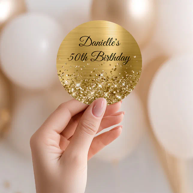 Glittery Gold Foil 50th Birthday Classic Round Sticker | Zazzle